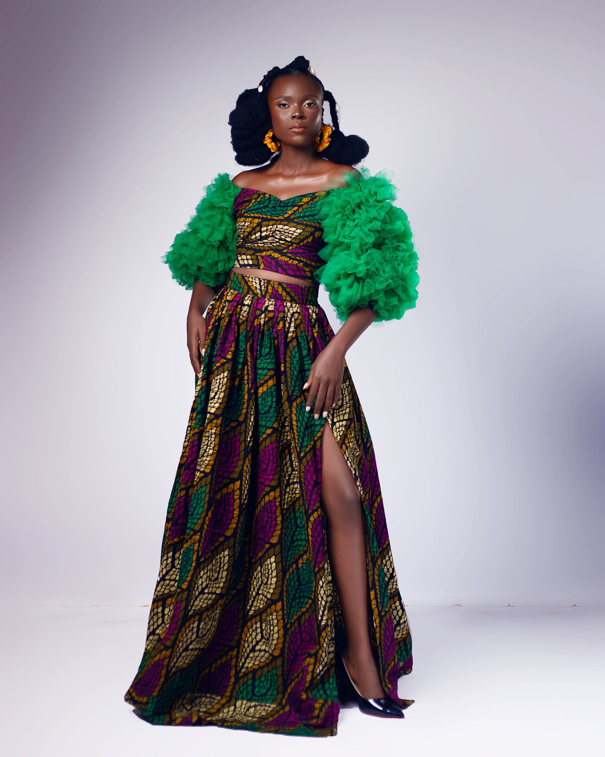 Ashanti African Set | Crop Top with Tulle Sleeves & Maxi Skirt
